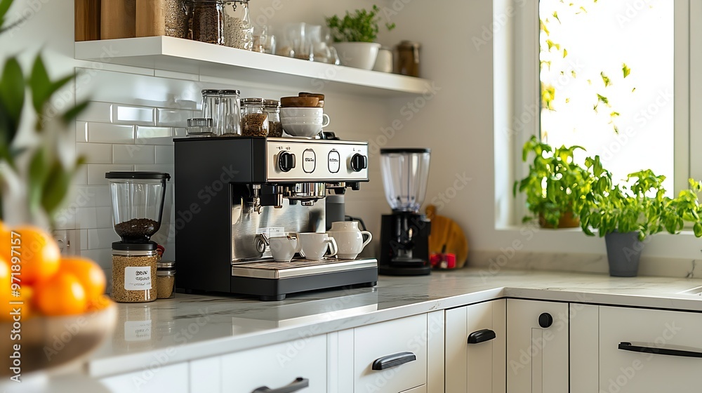 Coffee bar station in kitchen with white cabinets and countertop ...
