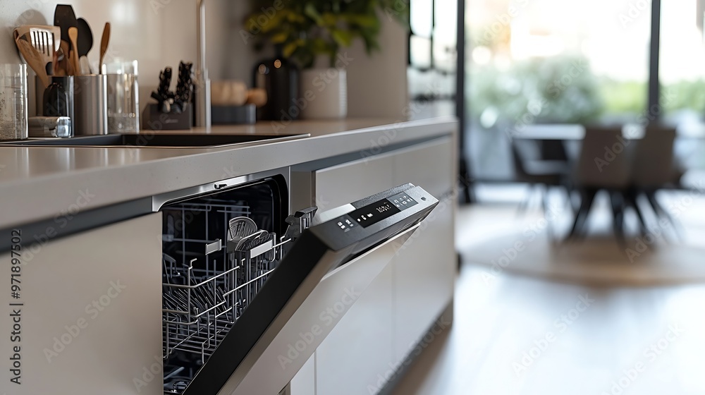 Modern kitchen with empty Builtin dishwasher with opened door Stainless ...