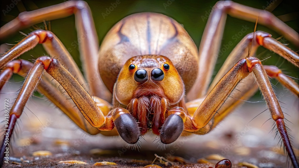 Macro view of venomous brown recluse spiders, showcasing distinctive ...
