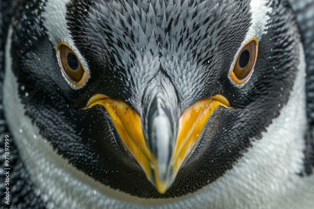 A close-up of a penguin's face, showcasing its inquisitive eyes, yellow ...