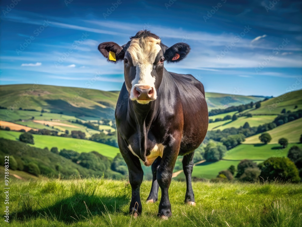 Majestic black Angus cow with distinctive white markings on its face ...