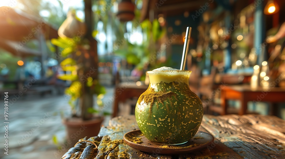 A traditional Argentinian mate gourd with a bombilla, the metal straw ...