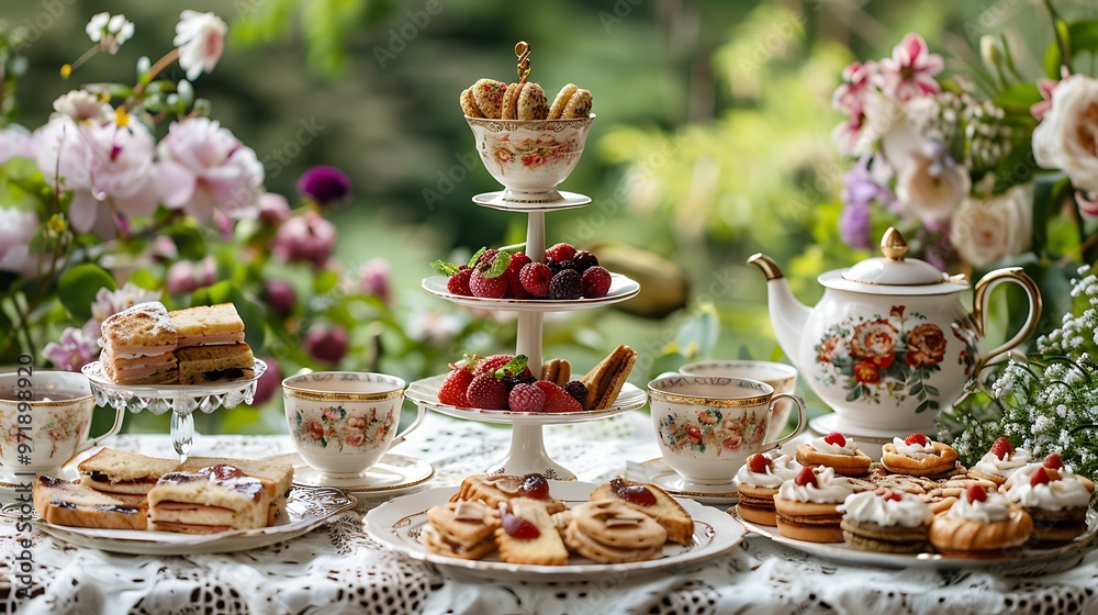 A traditional English afternoon tea set, complete with a teapot ...