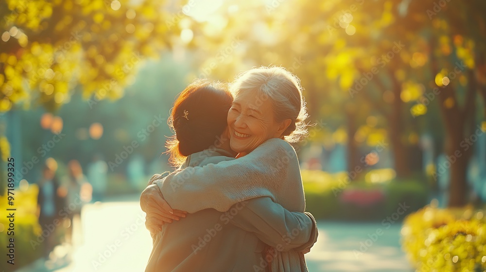 Hug park and senior women with retirement smile and happiness with ...