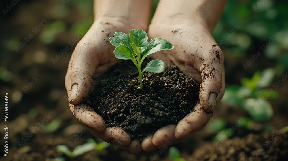 Farmer hands plants and gardening soil in sustainability eco friendly ...