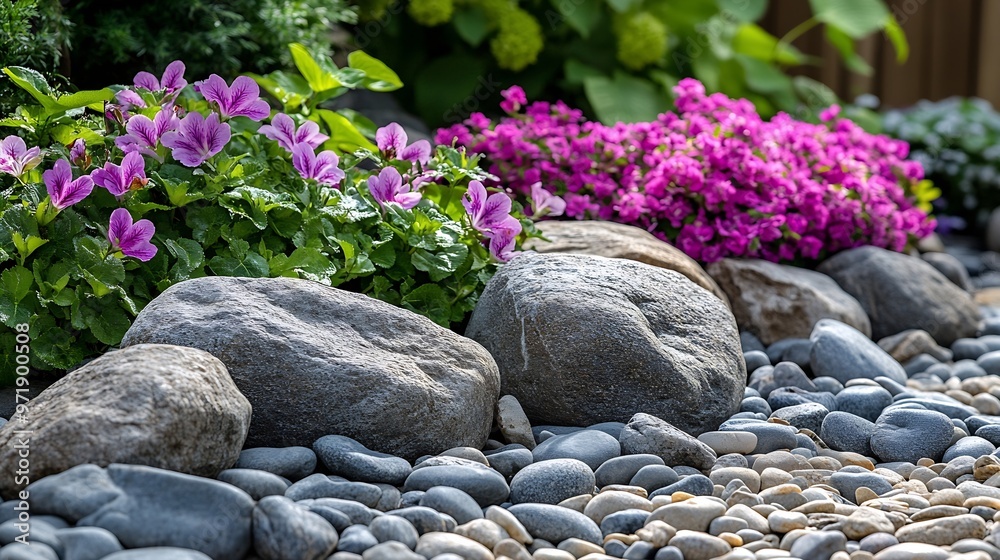 Landscaping with boulders Flower bed with blooming Geranium himalayense ...