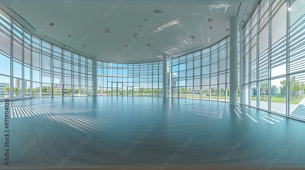 Empty room with with blinds on panoramic windows full seamless ...