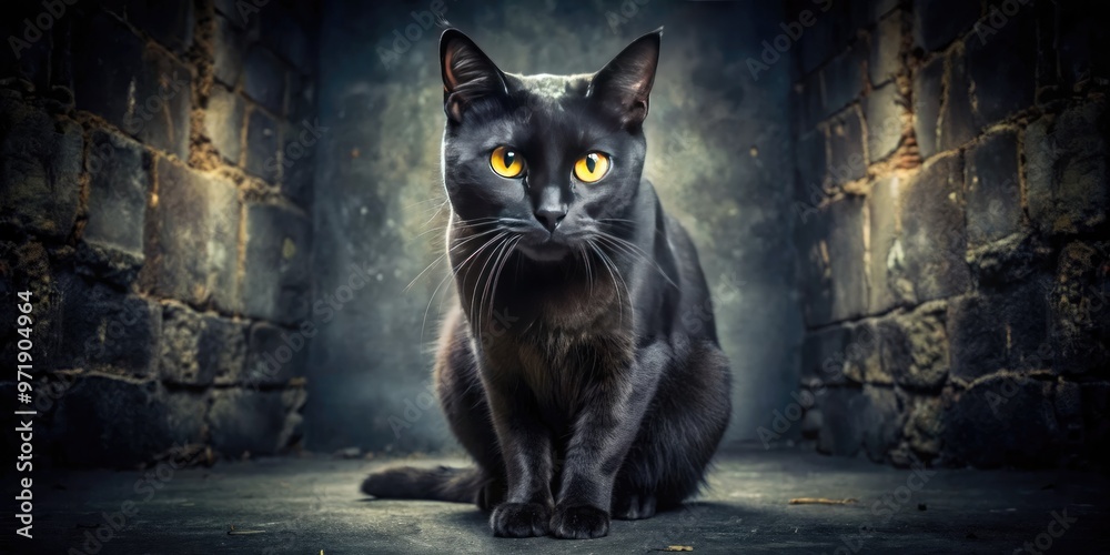 Ominous black feline with glowing eyes and arched back peers out of ...