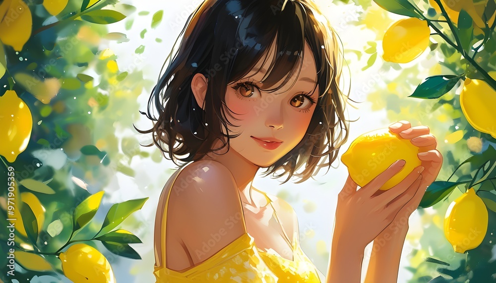 Charming anime girl with a lemon, radiating vibrant and romantic energy ...