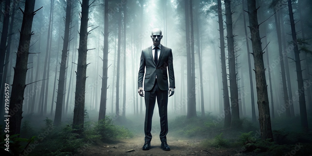 Ominous, tall, imposing figure with featureless face and suit looms in ...