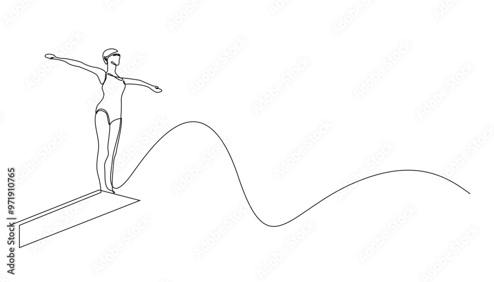 continuous line of female athletes standing on swimming diving board ...