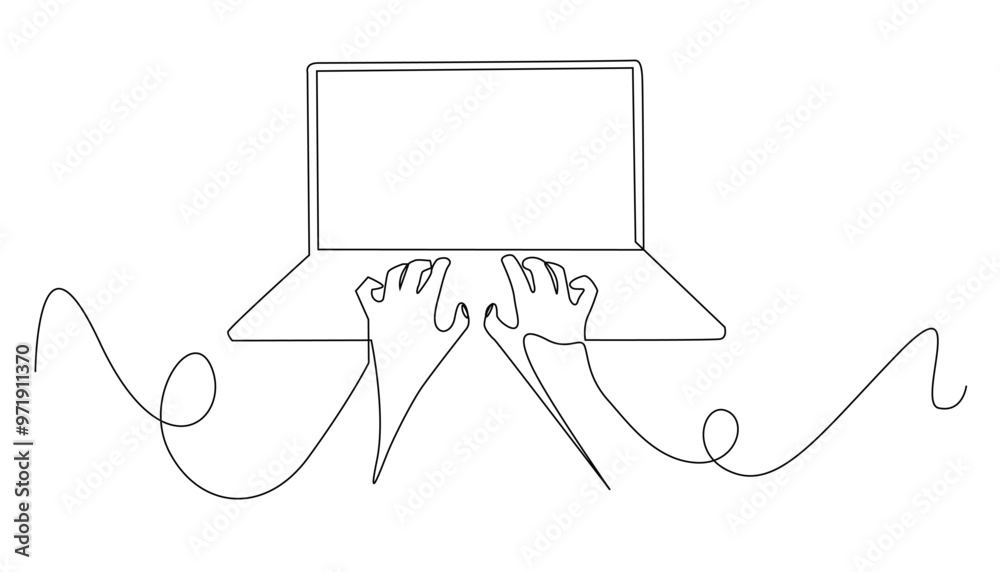 one continuous line drawing of hands typing on a laptop keyboard. one ...