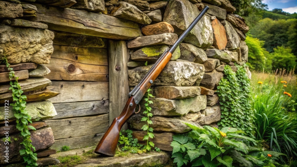 Rustic wooden rifle rests against a weathered stone wall amidst lush ...