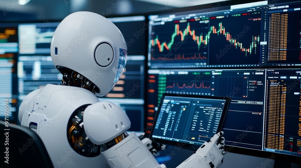 Humanoid robot working on financial data analysis in a control room ...