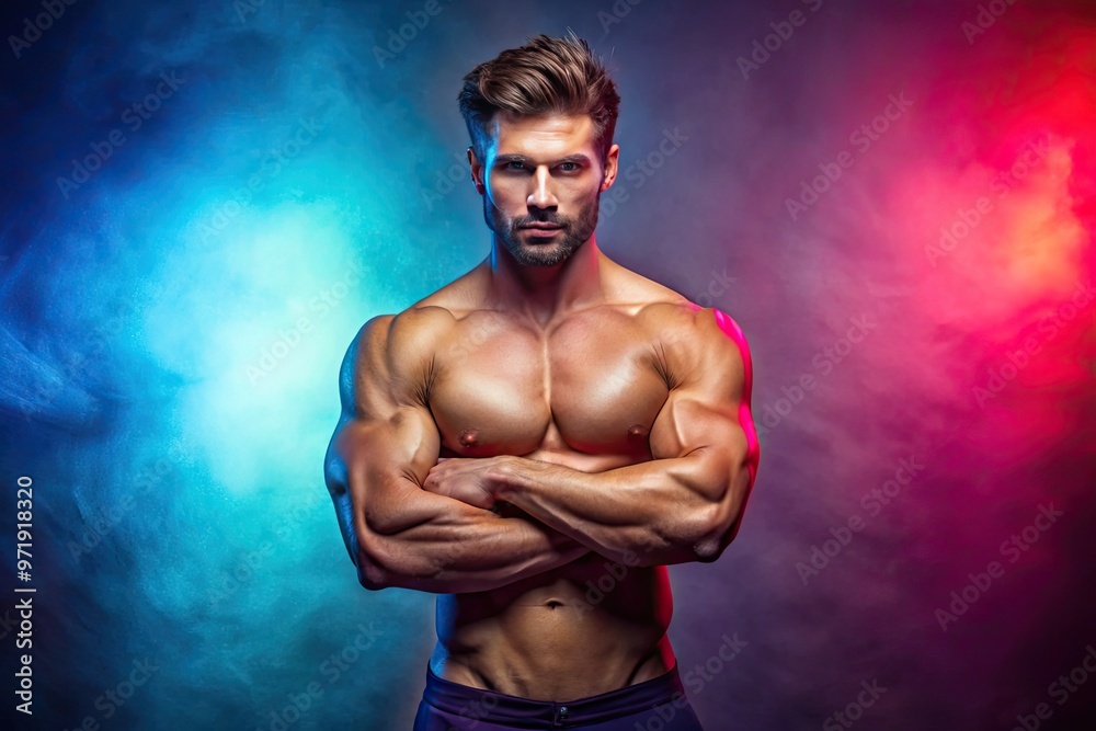 Strong, shirtless male model with toned physique and prominent biceps ...