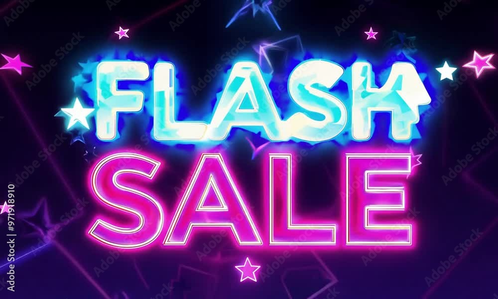 A vibrant 'FLASH SALE' text animation shines in blue light, standing ...