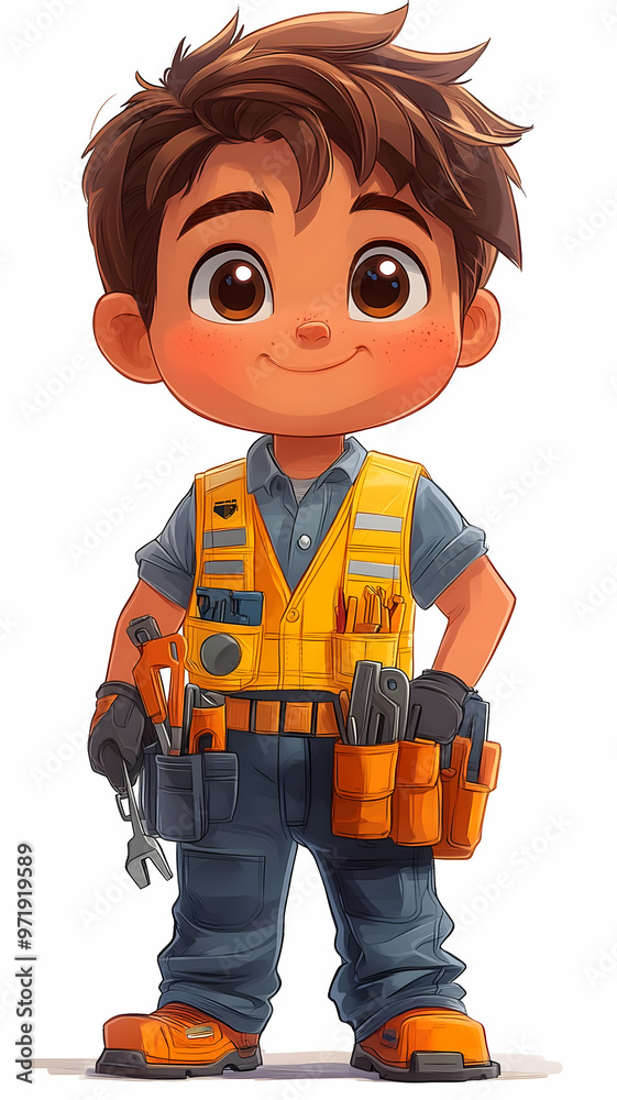 Cartoon illustration of a young boy wearing a tool belt and a safety ...