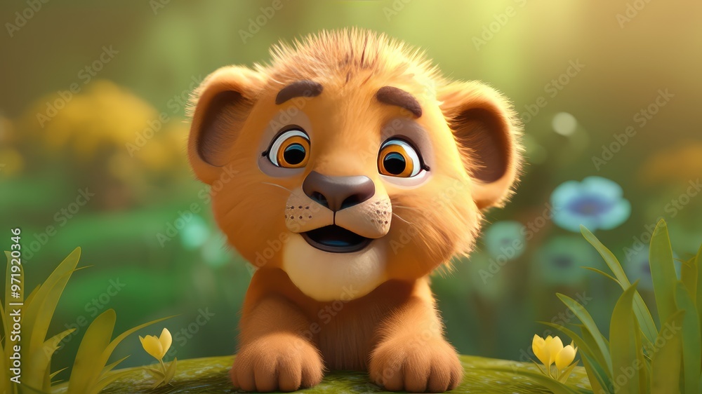 Young lion cub in the wild, looking straight into the camera in the ...