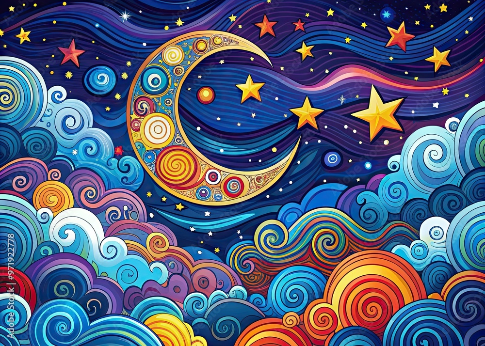 Vibrant and whimsical illustration of a stylized starry night sky with ...