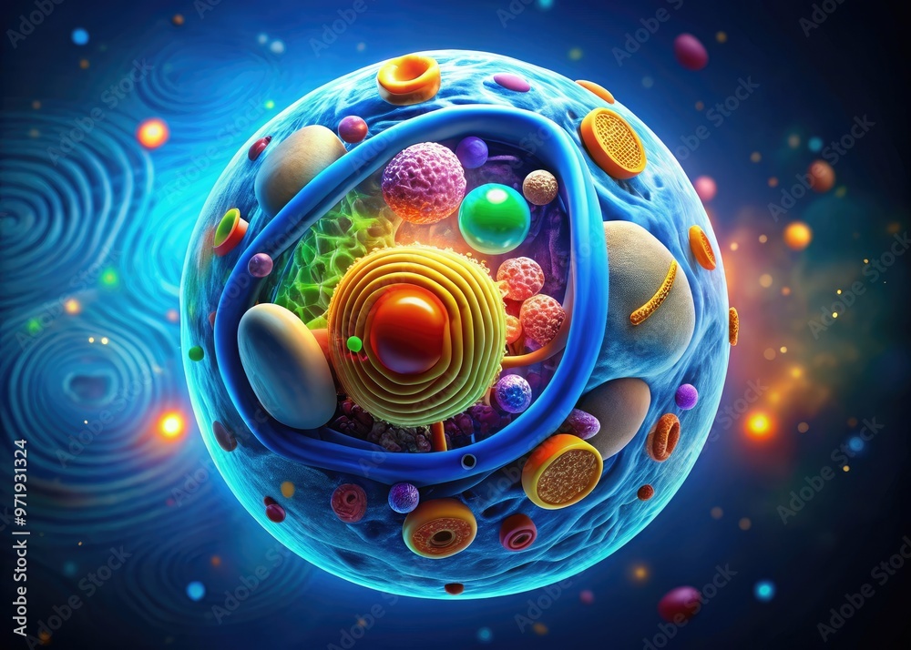 Vibrant, digitally-rendered illustration of a cell's internal structure ...