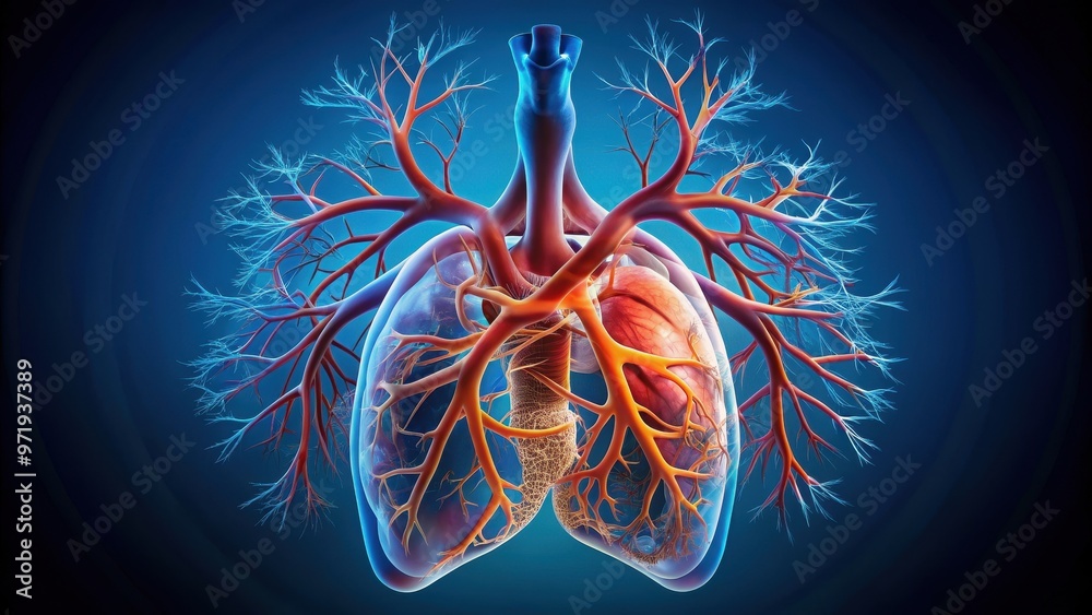 of human heart with vessels and bronchial tree, front view, anatomy ...