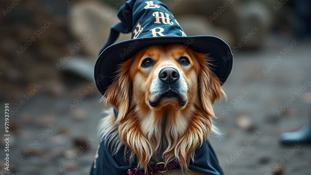 Golden retriever wearing a wizard hat and cape with glowing runes ...