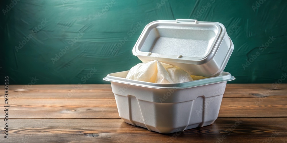 Foam and plastic food container in the bin, trash, garbage, waste ...