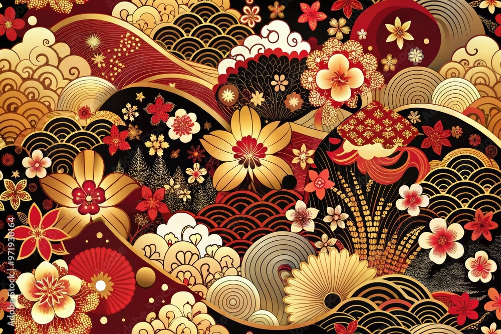 Vibrant, intricately designed traditional Japanese vector illustration ...