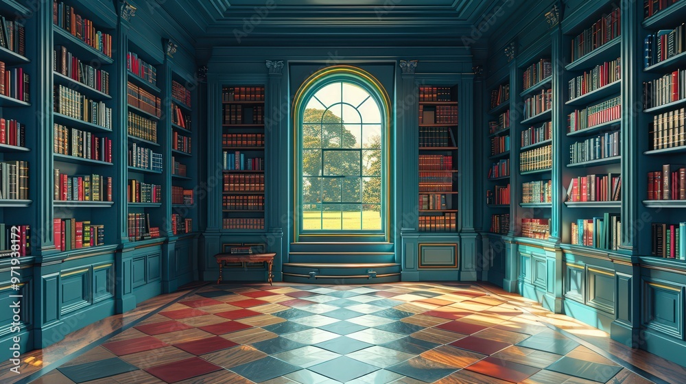 An empty library room with a large window and bookshelves on either ...