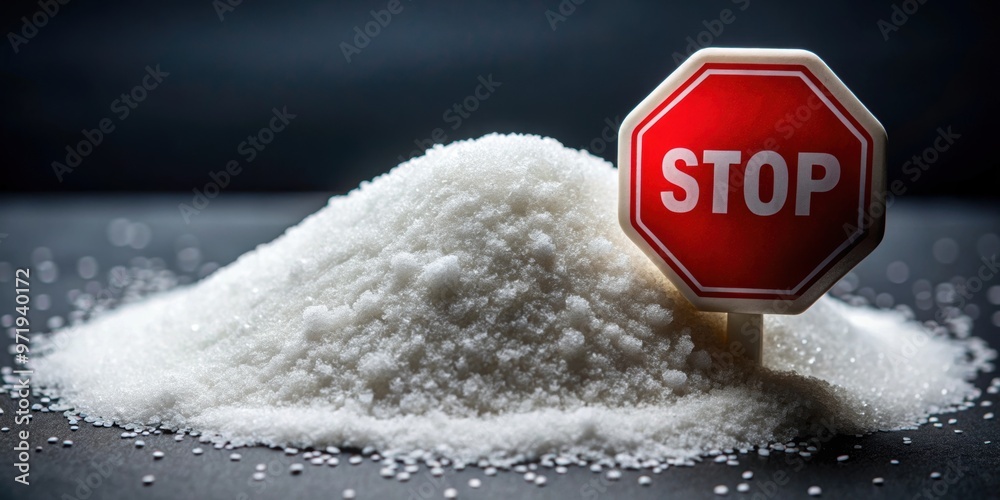 Stop sign on pile of sugar with warning about health risks, sugar ...
