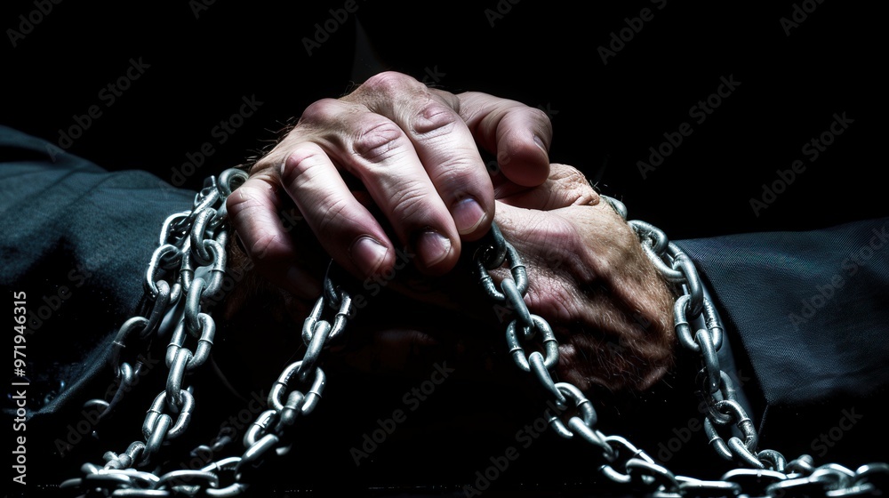 Bound: Chained hands clutch heavy links in a stark portrayal of ... Bound: Chained hands clutch heavy links in a stark portrayal of ...