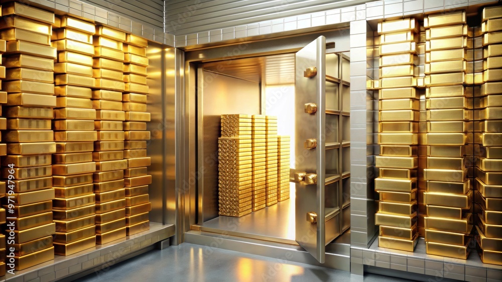 Open bank vault door shows stacks of gleaming gold bars, bank, vault, open, door, gold bars ...