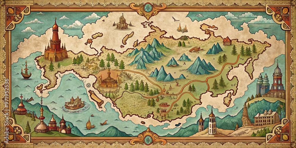 Vintage-style illustrated map of Russia featuring iconic landmarks ...