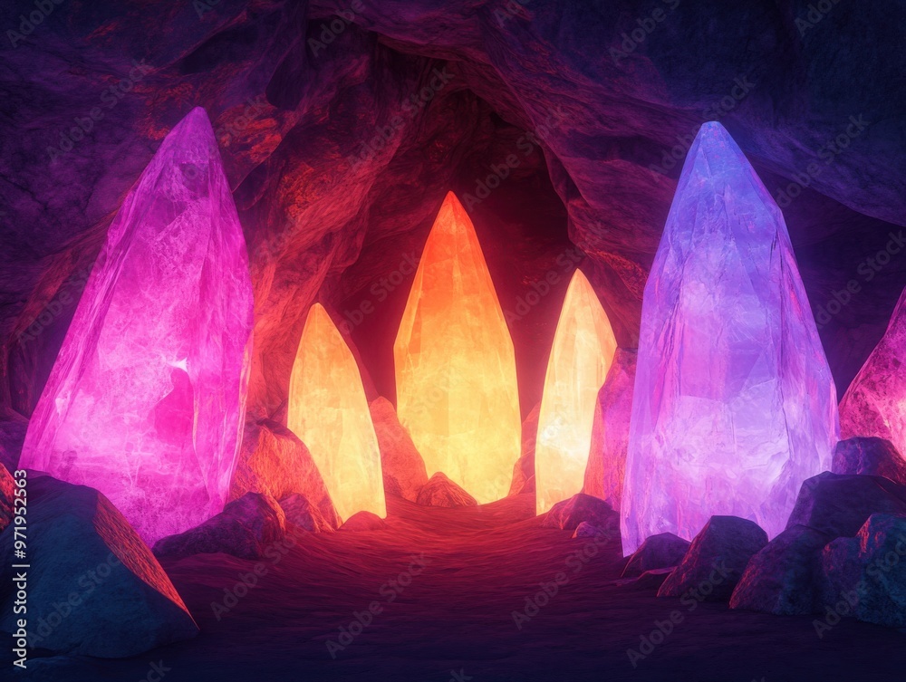 Glowing Crystal Cave: A magical and mysterious crystal cave with shimmering walls, exploring ...