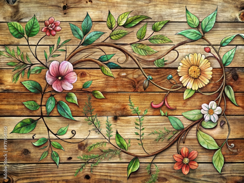 Whimsical hand-drawn botanical illustration on rustic wooden planks ...