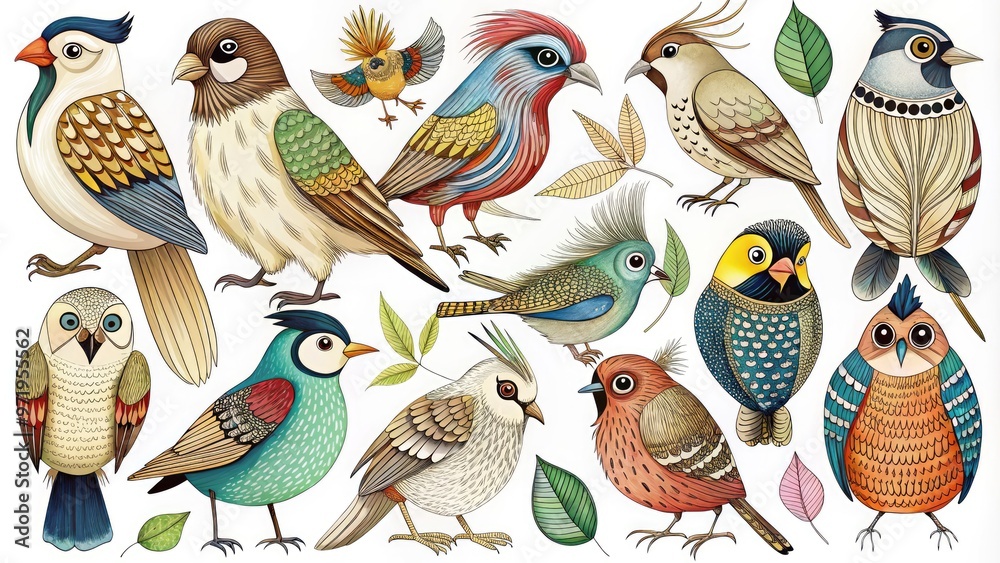 Whimsical illustration of diverse birds in various poses, intricately ...