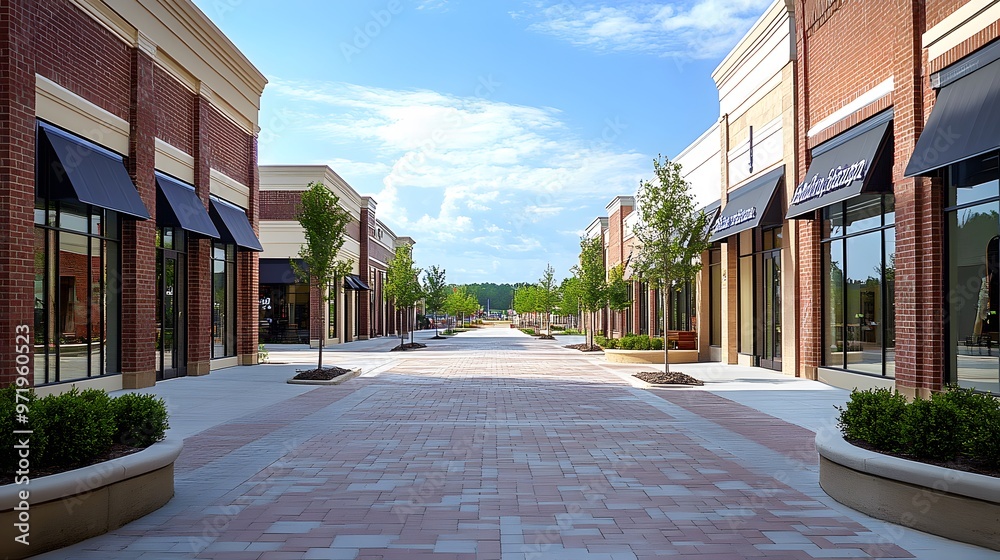 Brick-lined Pathway Through a Retail District with Storefronts and ...