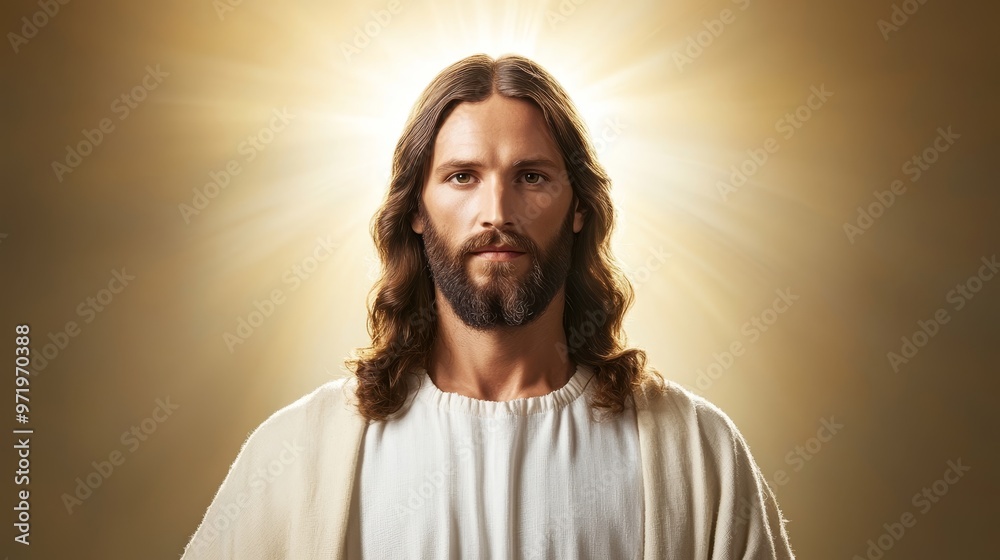 A captivating portrait of Jesus Christ, radiating with divine light ...