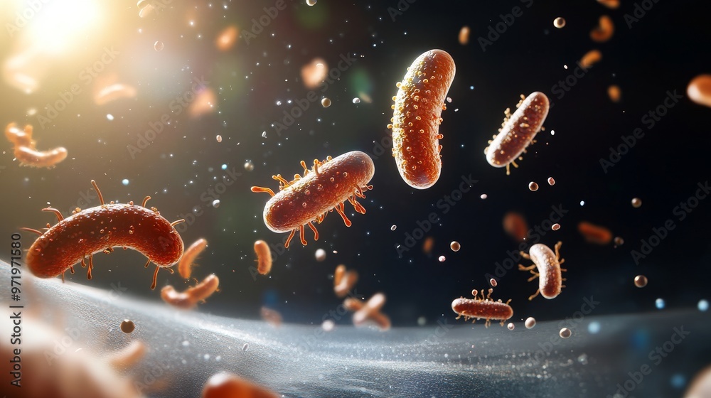 A close-up, microscopic view of bacteria floating in a sunlit space ...