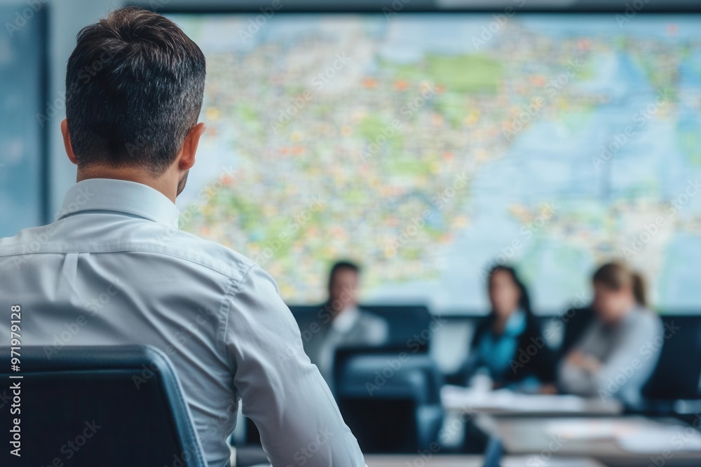 Emergency coordinators in a command center overlooking disaster areas ...