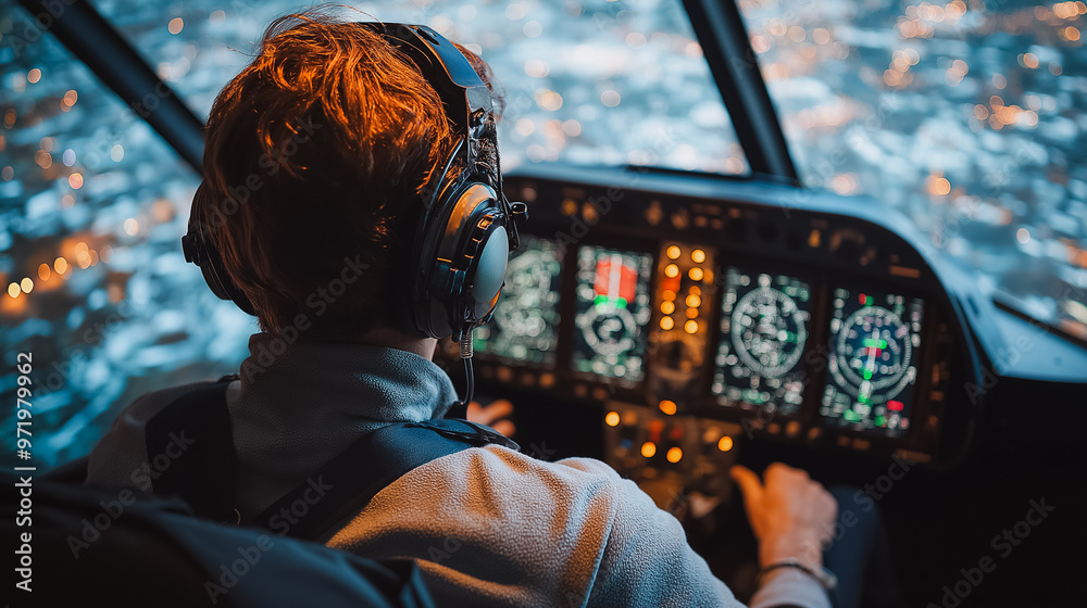 A pilot is flying a plane with a view of the city below. The pilot is ...