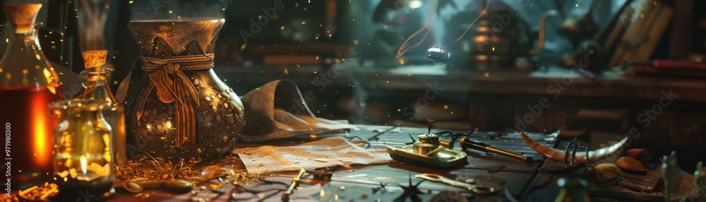 Mystical alchemy lab with potion bottles, ancient manuscripts, and ...