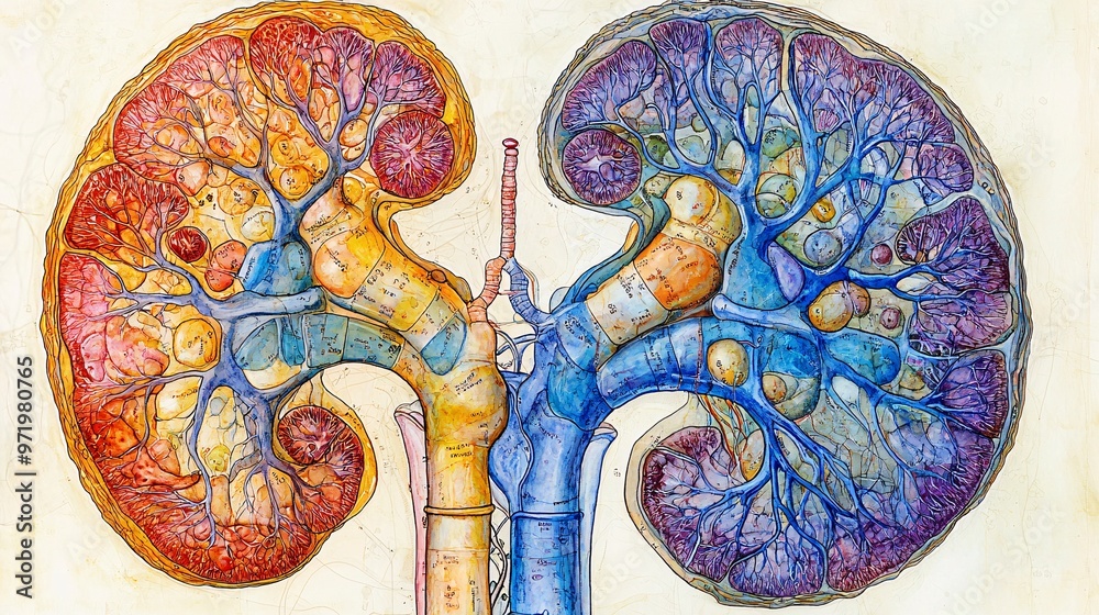 A detailed anatomical diagram of the excretory system, focusing on ...