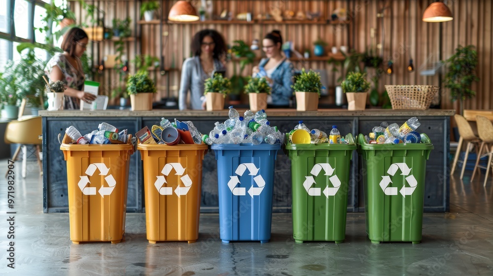 Illustrate a high-resolution image of office workers recycling in a ...