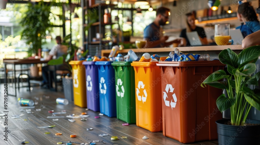 Illustrate a high-resolution image of office workers recycling in a ...