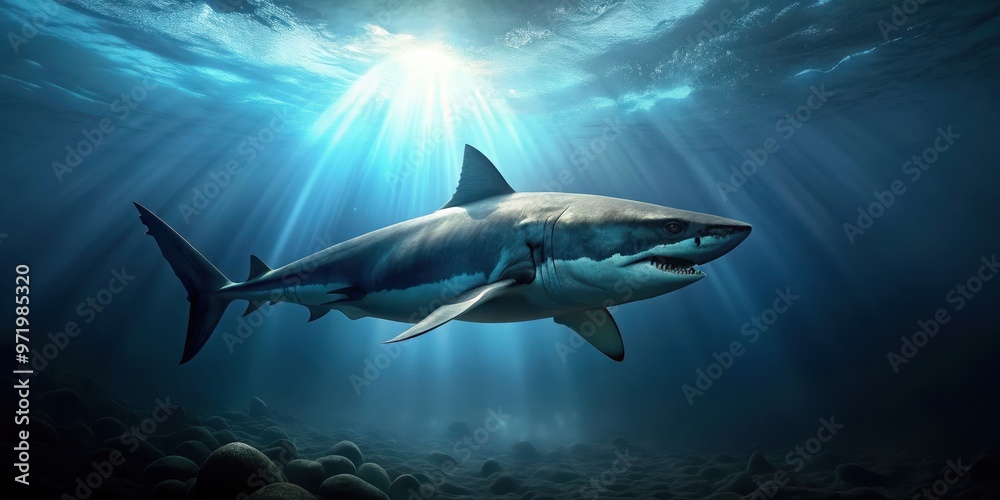 Scary megalodon lurking in dark underwater depths, prehistoric, ancient ...