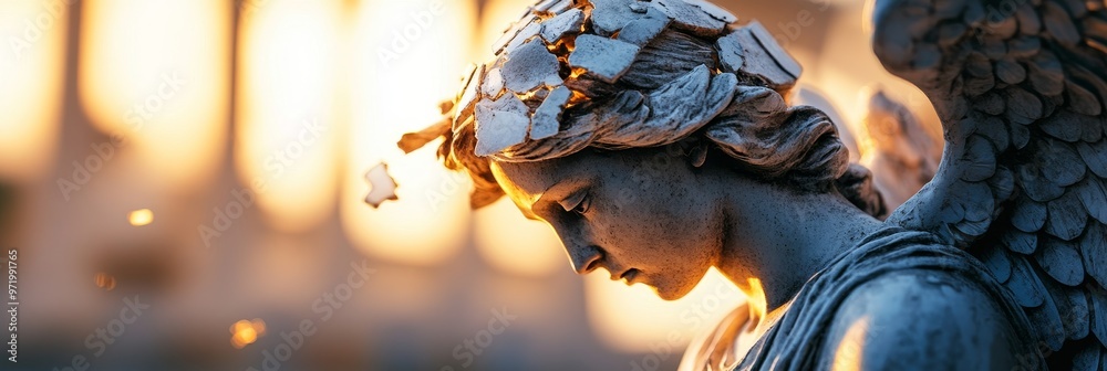 A weathered angel statue with broken wings, symbolizing resilience ...