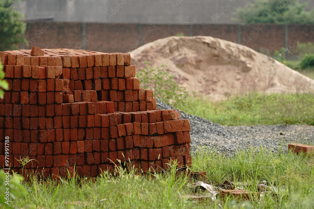 Stacked Red Bricks at Construction Site, Brick Pile with Sand ...