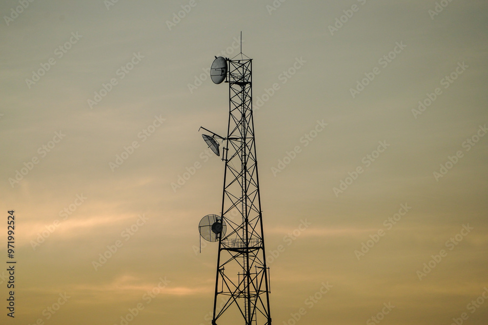 Mobile Tower Signal Tower, Cloudy Horizon and Tower, Quiet Evening Sky ...