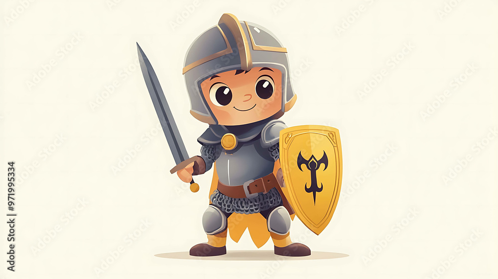 Cute cartoon illustration of a little knight with a sword and shield ...